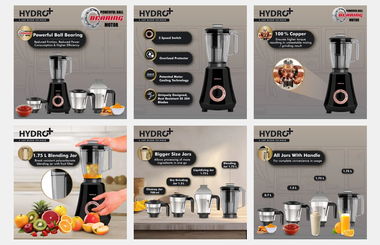 Buy, Shop, Compare Havells Hydro Plus 1000 W Mixer Grinder (4 Jar ...